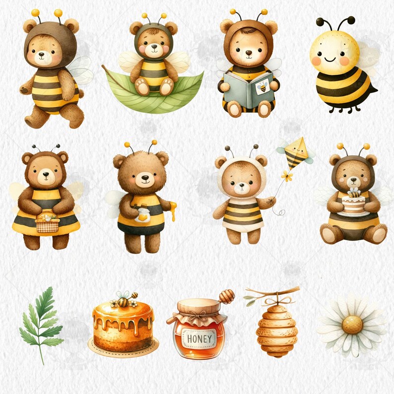 Cute Bear in Bee Costume Watercolor Clipart, Bear Baby Shower, Baby ...