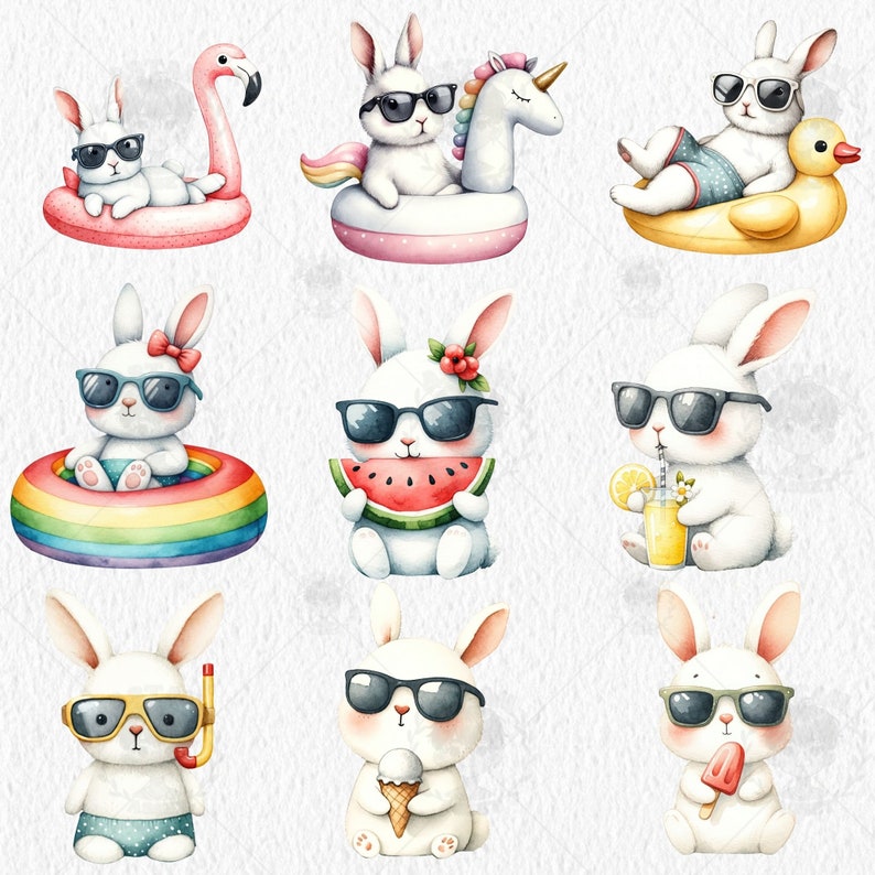 Summer Bunnies, Rabbit Summer, Watercolor Clipart, Animals Summer ...