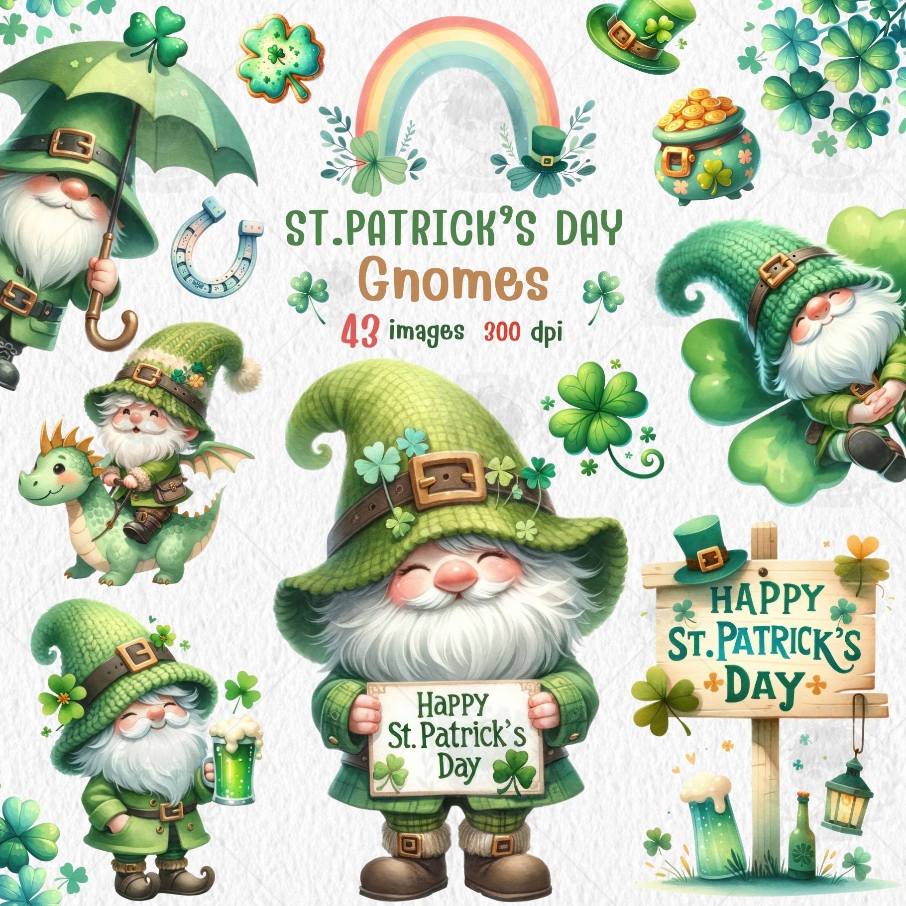 Gnomes St. Patrick's Day Clipart, Watercolor , Shamrock Clipart ...