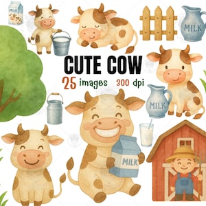 Cute Cow Watercolor Clipart, Baby Cow Clipart, Cow Png, Farm Animal Png ...