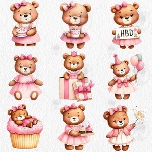 Pink Bear Birthday Watercolor Clipart: Girl Birthday Party (digital ...