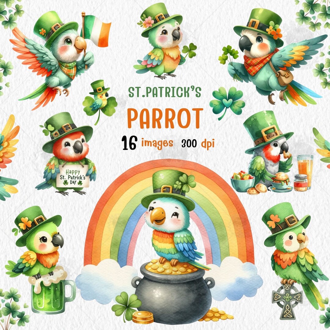 Cute Parrot St. Patrick's Day Clipart, Watercolor , Shamrock Clipart ...