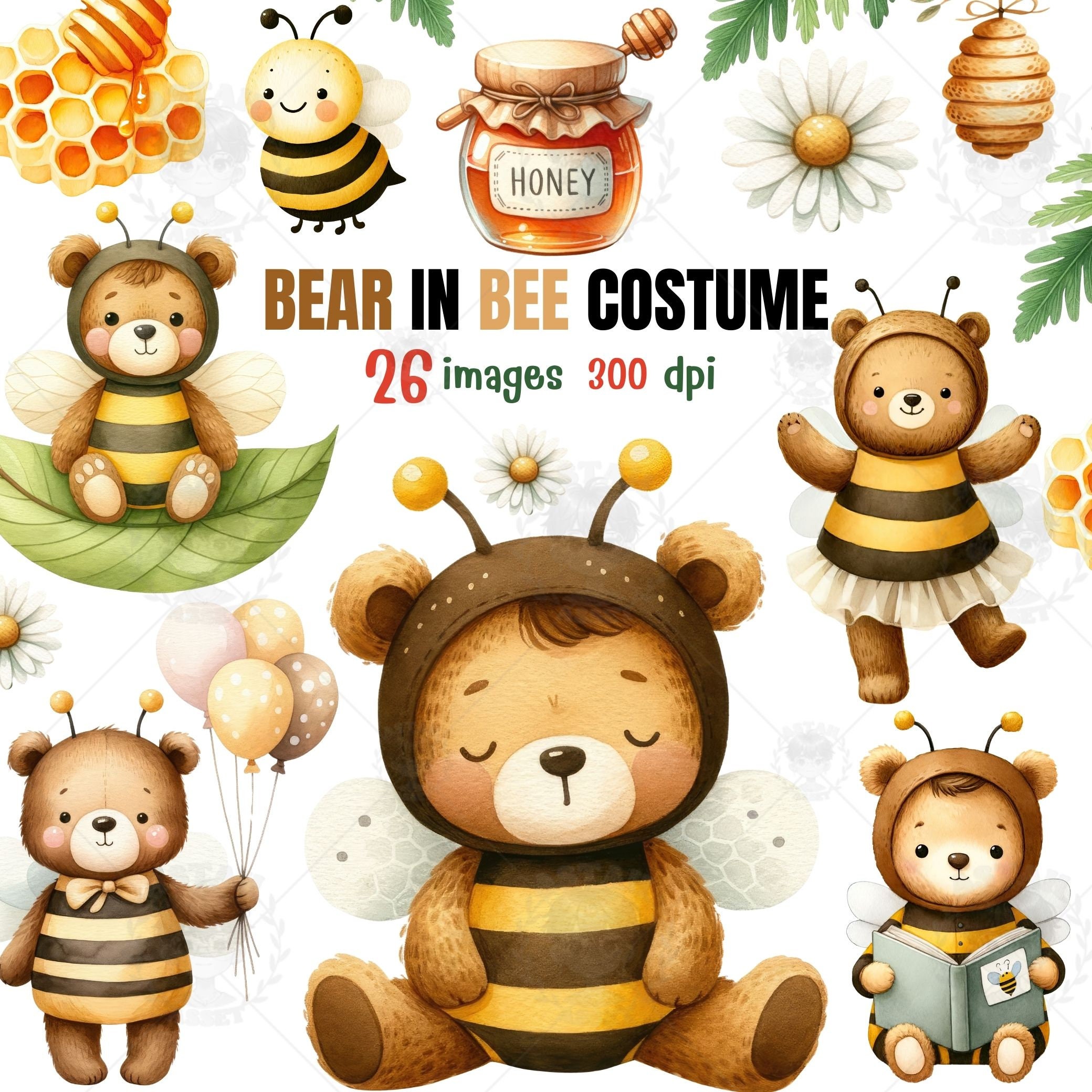 Cute Bear in Bee Costume Watercolor Clipart, Bear Baby Shower, Baby ...