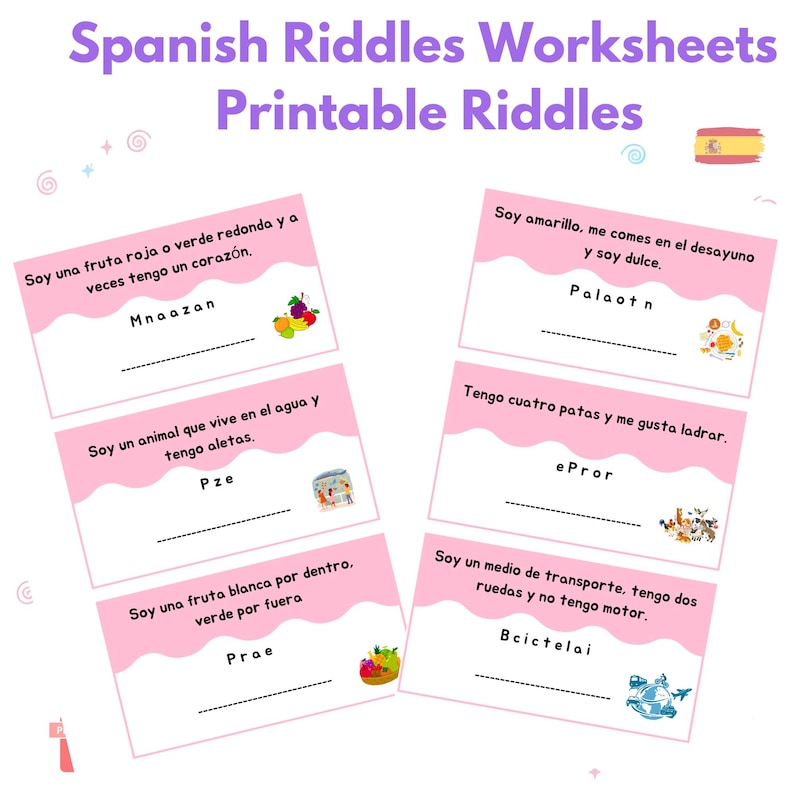 Spanish Riddles Worksheets Printable PDF - Guess the Word - 11 Pages ...