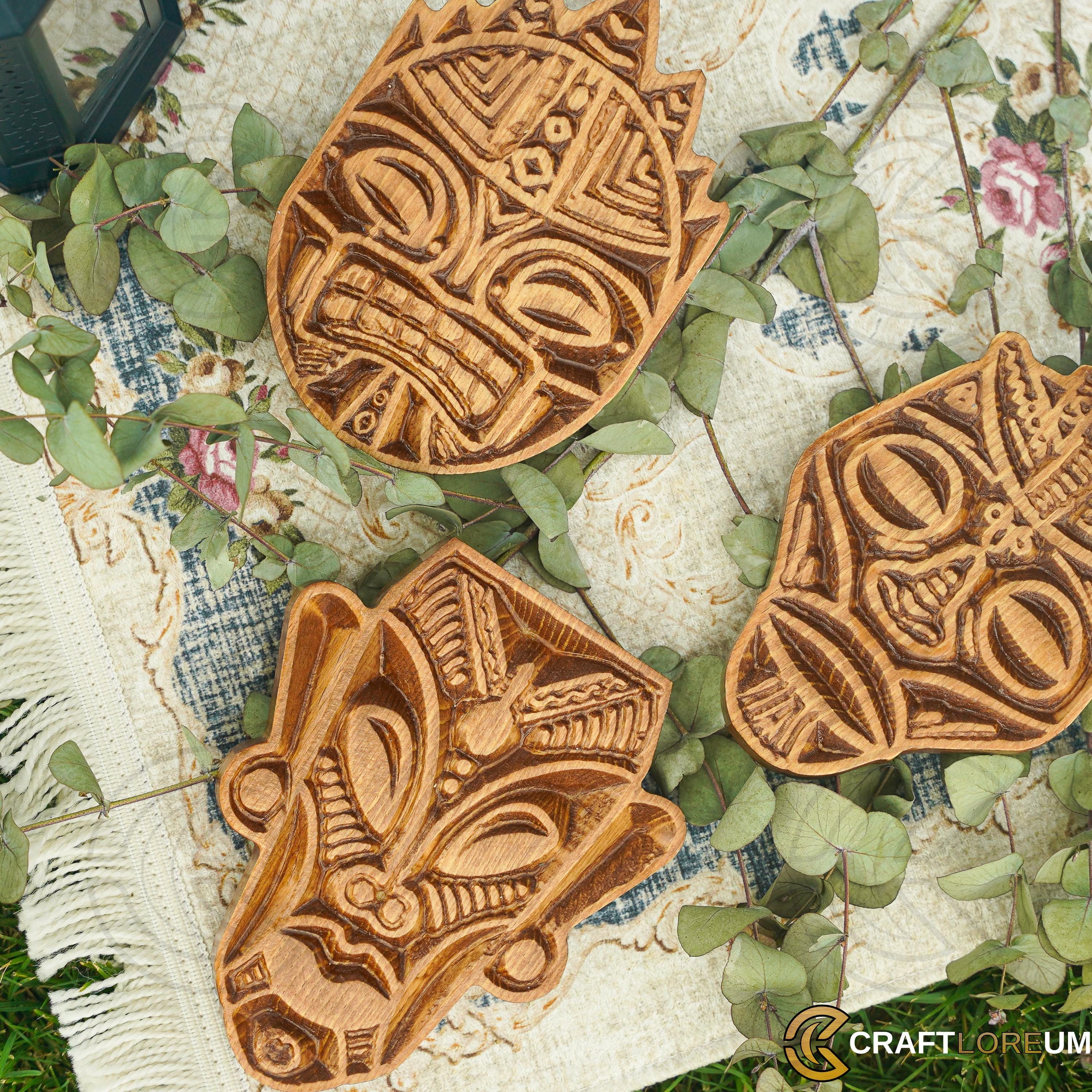 Set of 3 Tribal Tiki Masks, Hand Carved Wooden Wall Decor, Boho Ethnic ...