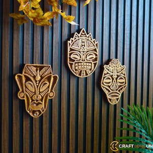 Set of 3 Tribal Tiki Masks, Hand Carved Wooden Wall Decor, Boho Ethnic ...