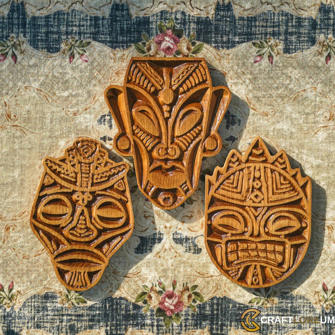 Set of 3 Tribal Tiki Masks, Hand Carved Wooden Wall Decor, Boho Ethnic ...