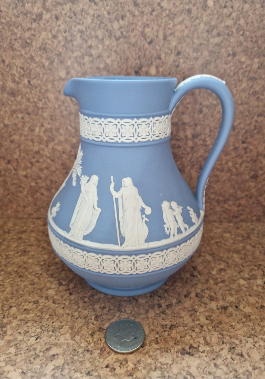 Wedgwood Blue Jasperware Jug Pitcher, Etruscan Shape, Domestic Scenery ...