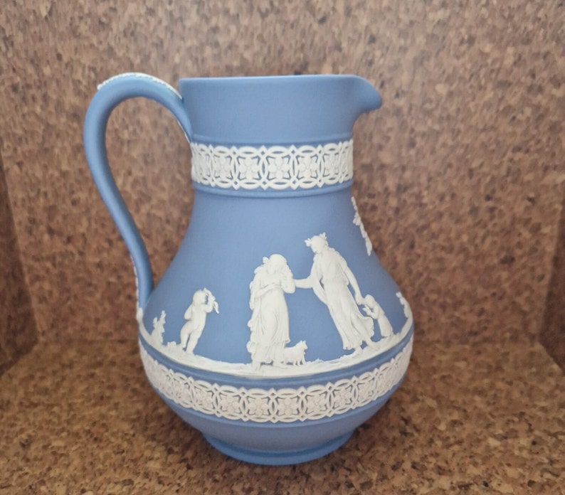 Wedgwood Blue Jasperware Jug Pitcher, Etruscan Shape, Domestic Scenery ...