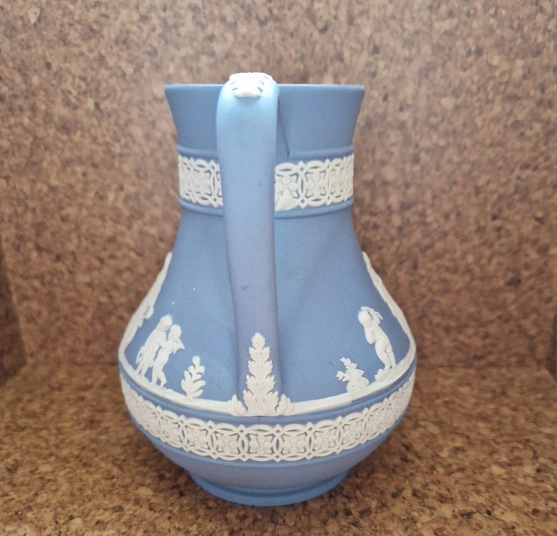 Wedgwood Blue Jasperware Jug Pitcher, Etruscan Shape, Domestic Scenery ...