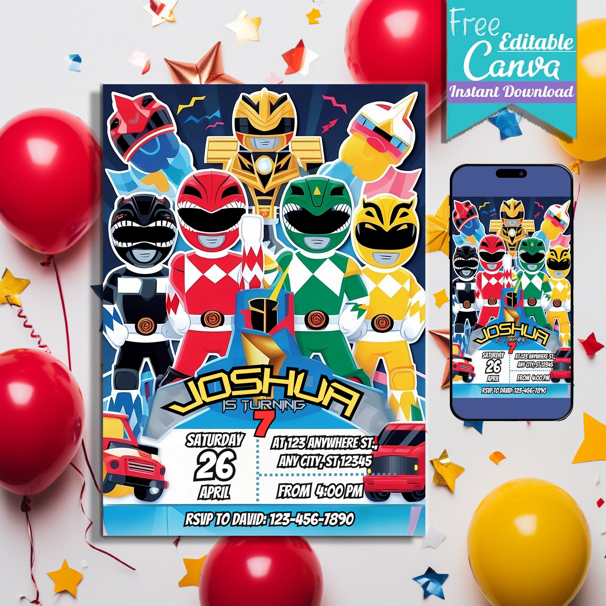 Editable Power Rangers Birthday Invitation Power Rangers Dino - Etsy