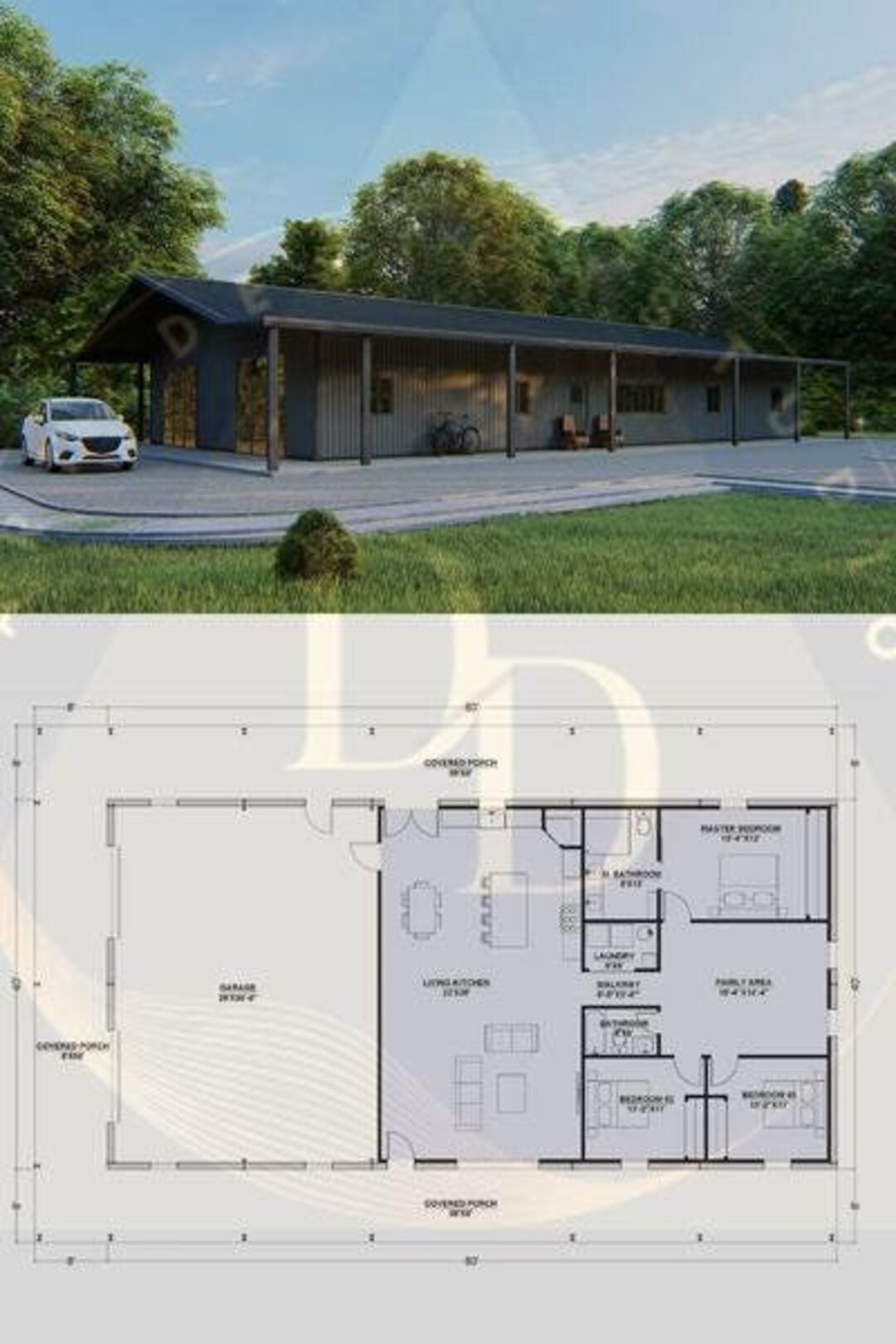 Farmhouse Barndominium - 40' X 80' House Plan Design - 3 Bed 2 Bath ...