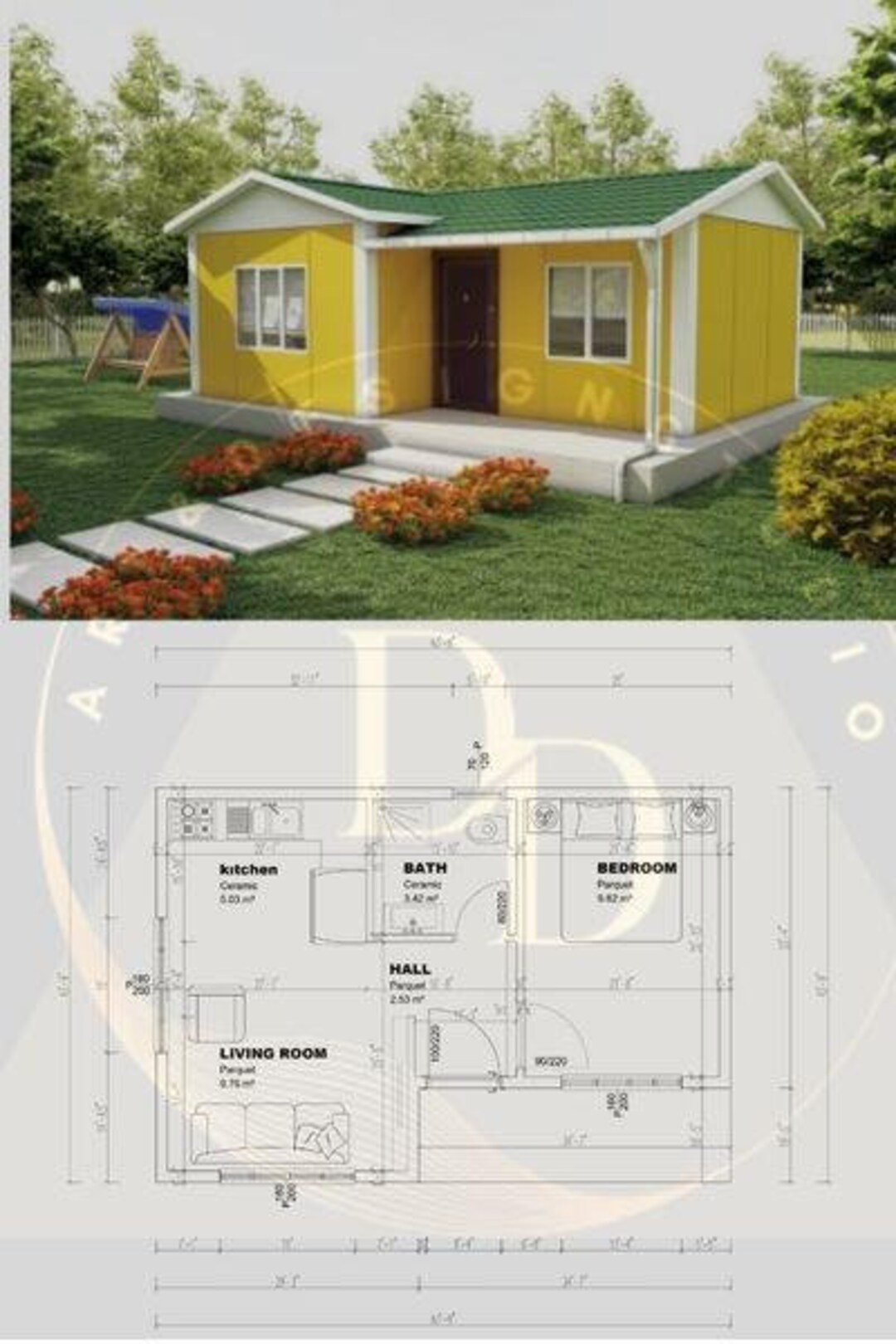 1.Plano de casa prefabricada -Plano de casa arquitectónica minimalista -Área de 64'x44' -Formato ...