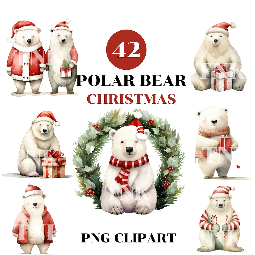 Watercolor Polar Bear Christmas Clipart Bundle,commercial Use,digital ...