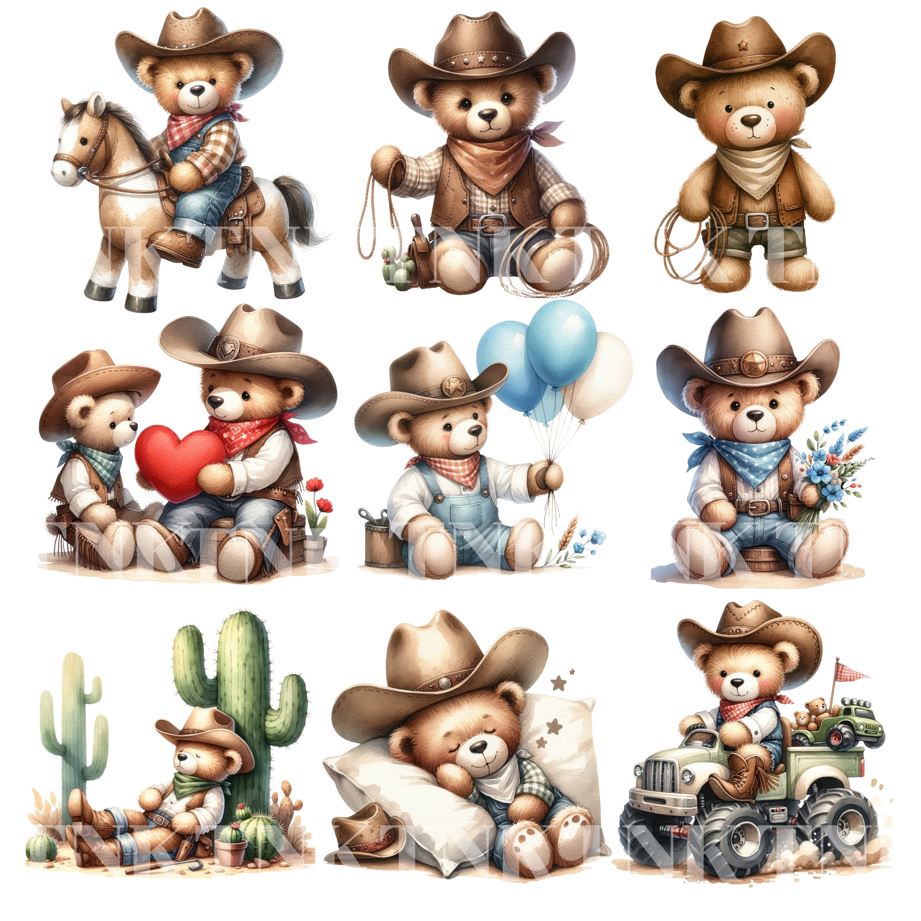 60 Watercolor Cowboy Teddy Bear Clipart Bundle, Teddy Bear Clipart ...