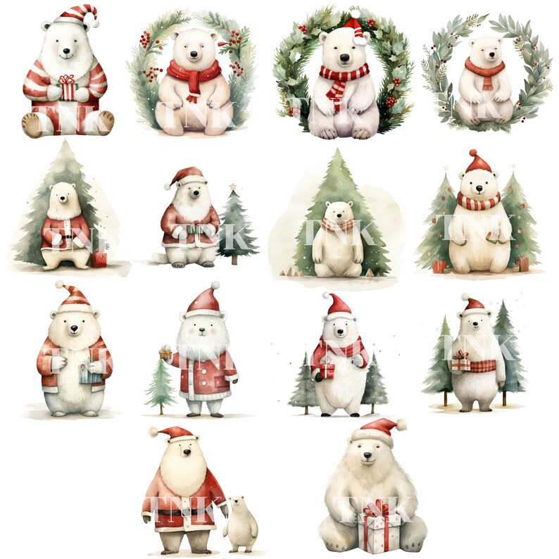 Watercolor Polar Bear Christmas Clipart Bundle,commercial Use,digital ...
