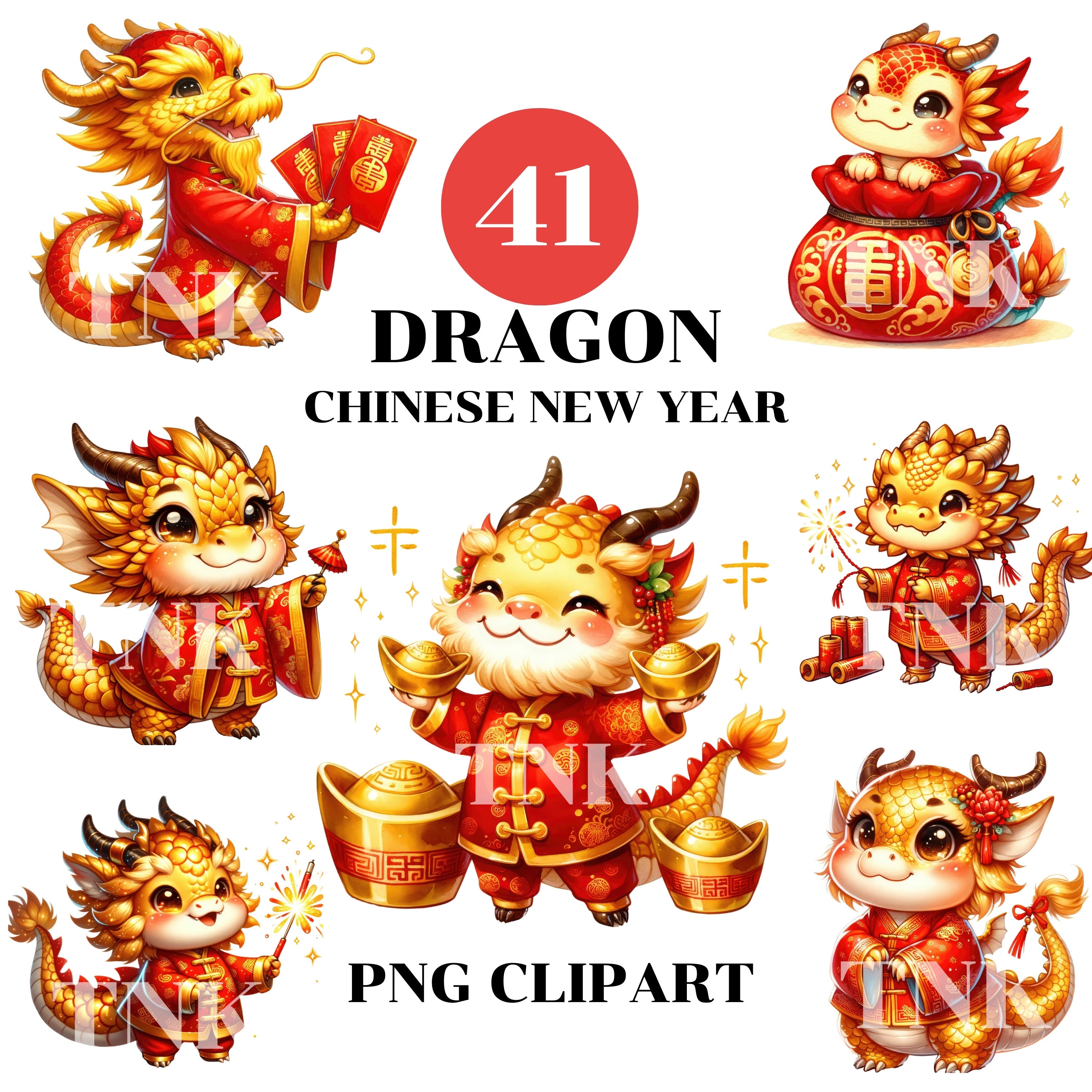 Watercolor 41 Cute Dragon Chinese New Year Clipart Bundle,commercial ...