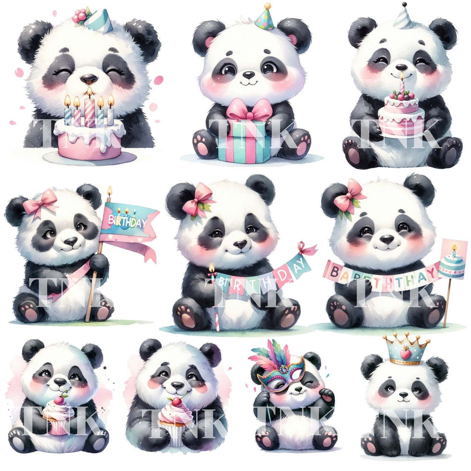 Watercolor Cute Panda Birthday PNG Sublimation Design, Panda Clipart ...