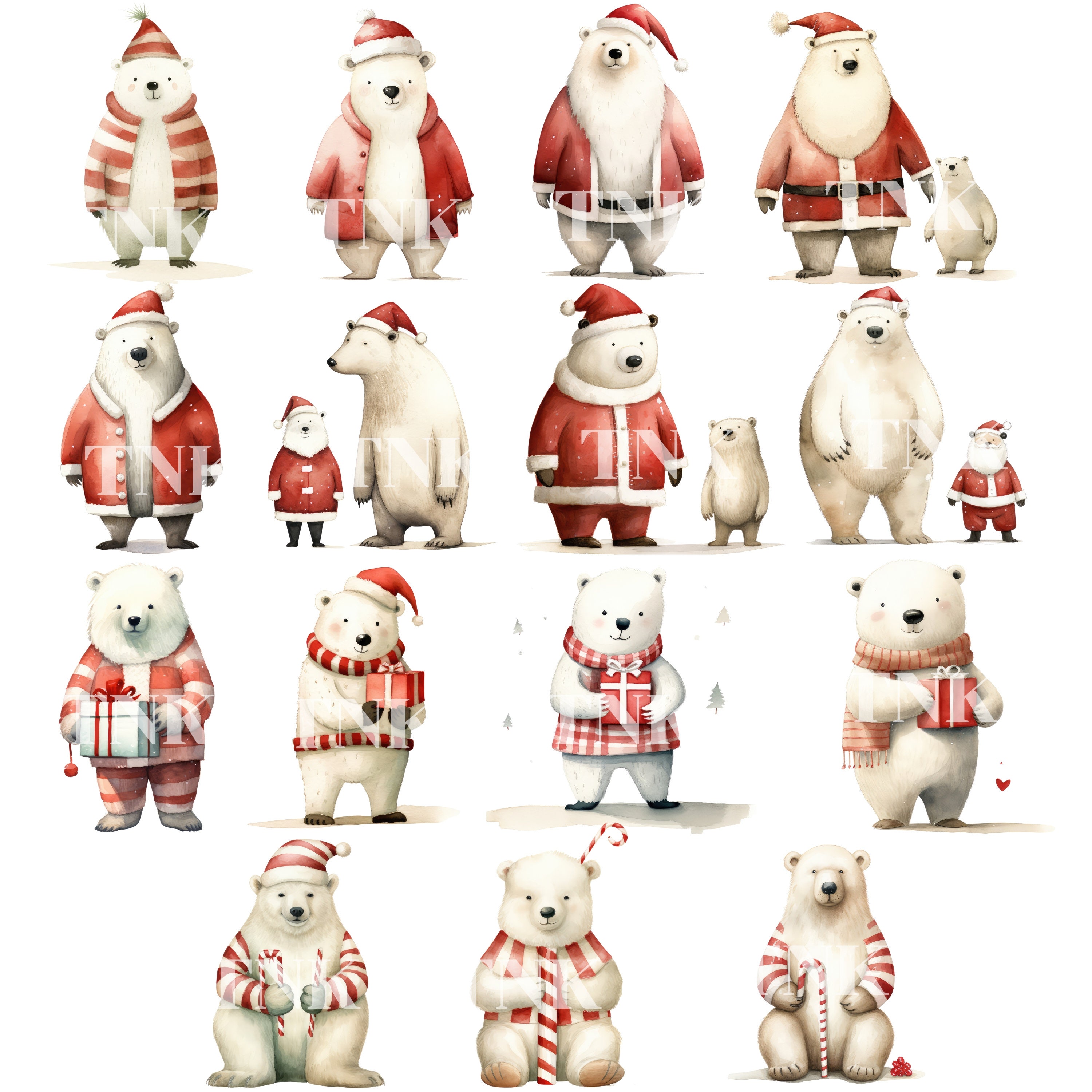 Watercolor Polar Bear Christmas Clipart Bundle,commercial Use,digital ...
