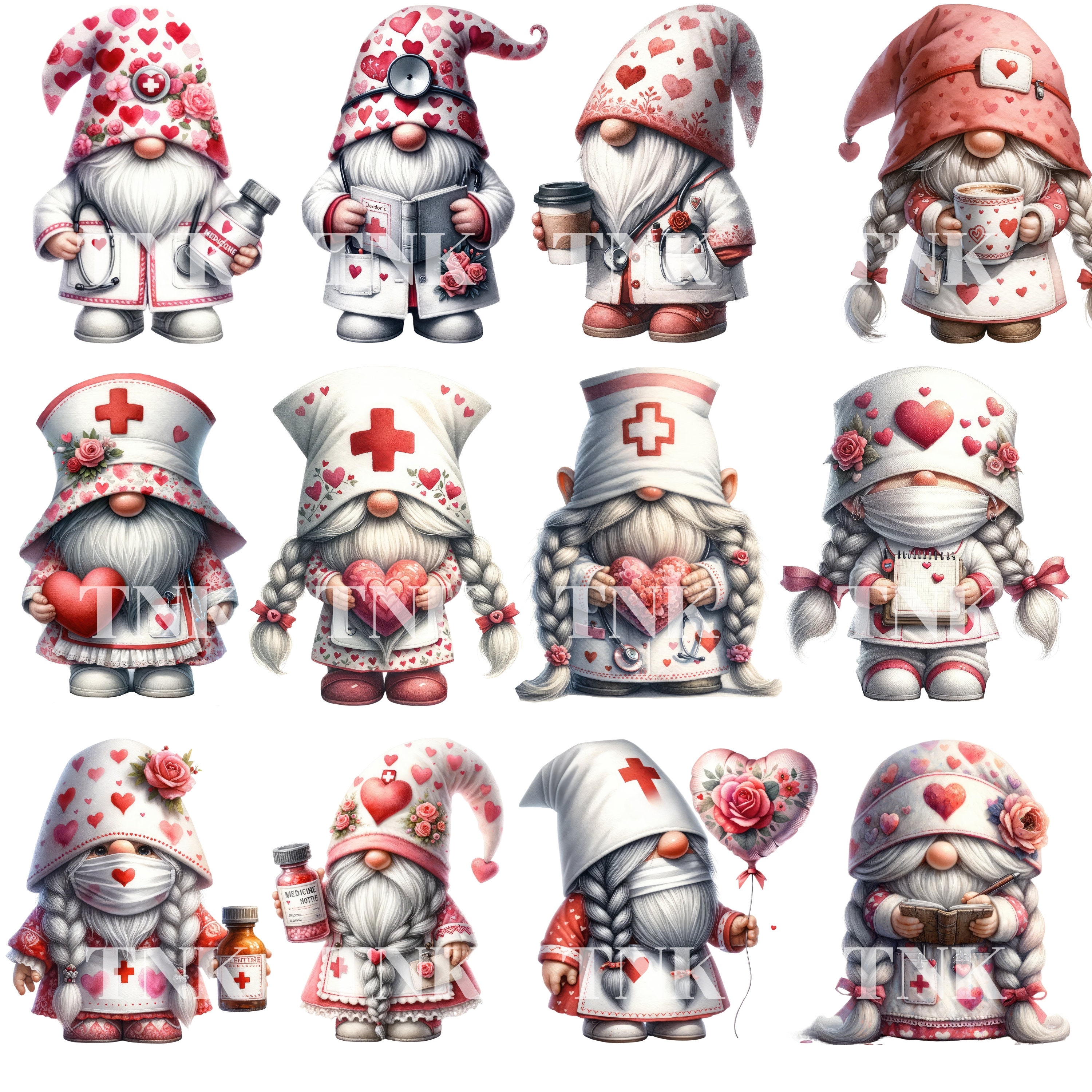 Watercolor Cute Nurse-doctor Gnomes Clipart, Valentine Day Clipart ...