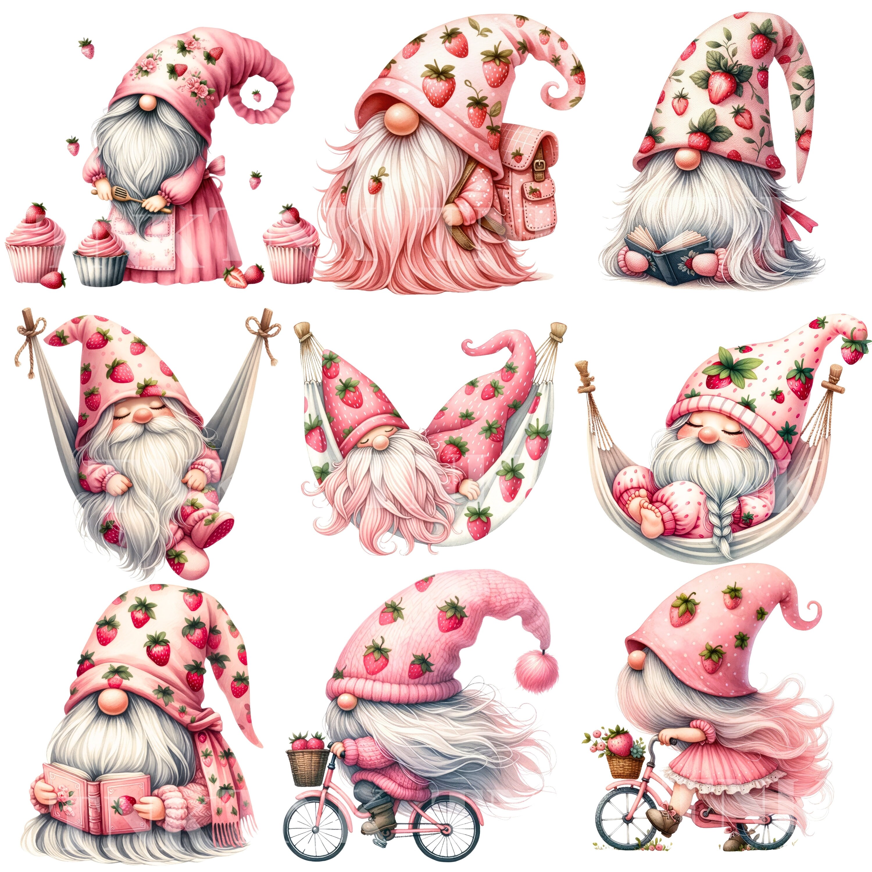 Pink Strawberry Gnomes, Strawberry Gnome, Valentines Gnomes Clipart ...