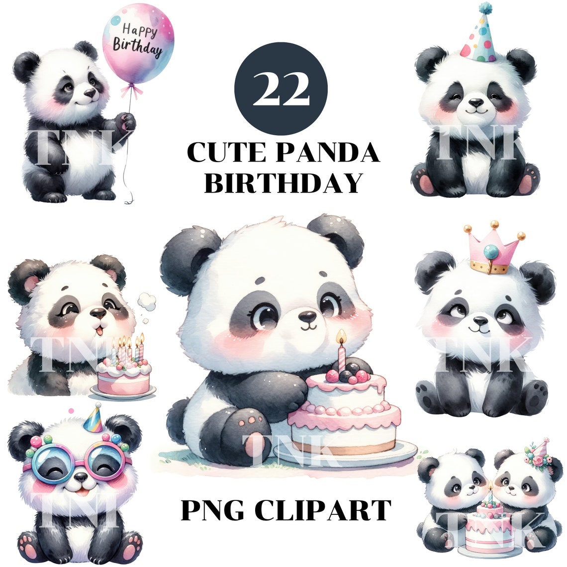 Watercolor Cute Panda Birthday PNG Sublimation Design, Panda Clipart ...