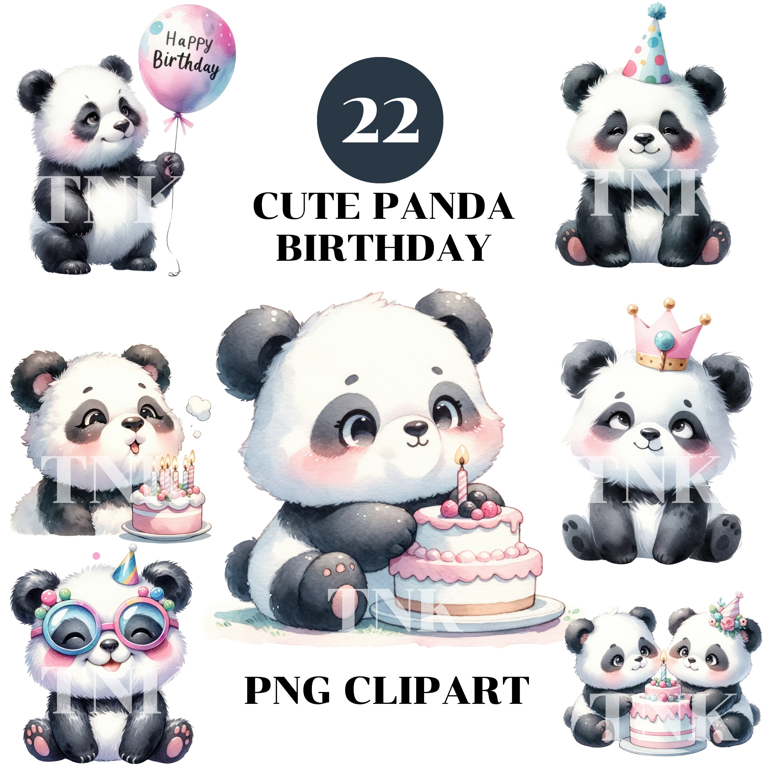 Watercolor Cute Panda Birthday PNG Sublimation Design, Panda Clipart ...