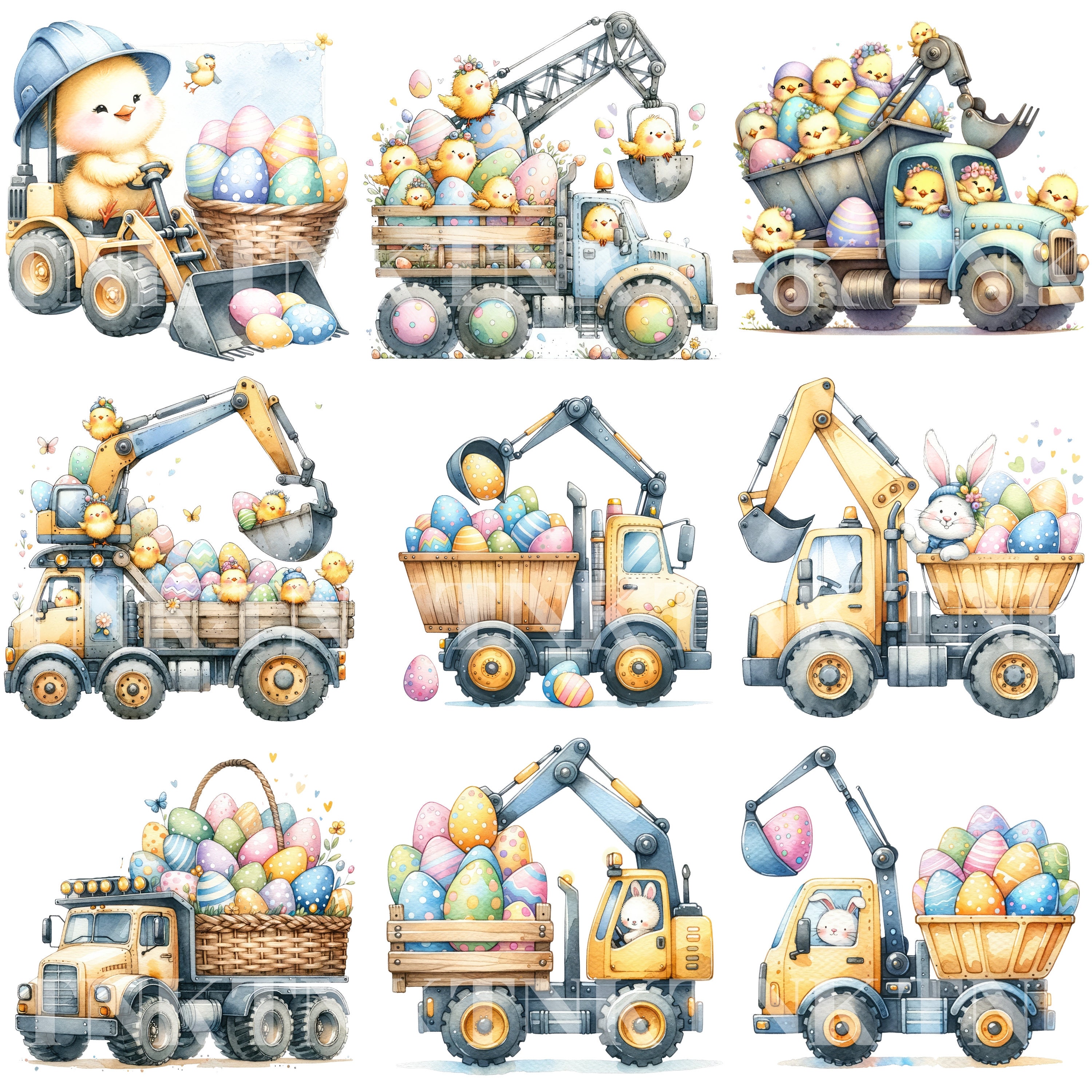 66 Watercolor Easter Construction Truck Eggscavator Graphic, Easter ...