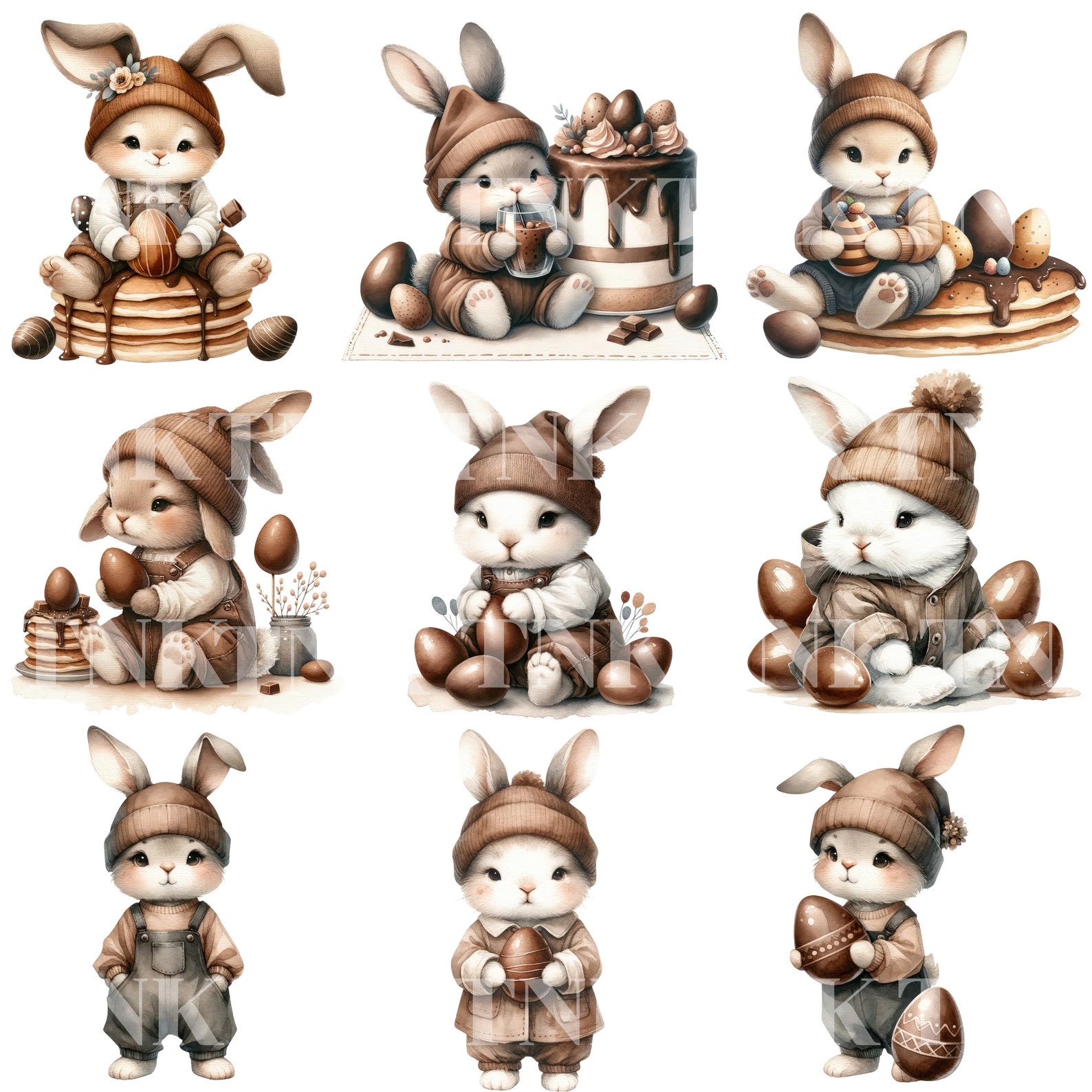 47 Cute Easter Bunny & Chocolate Eggs Clipart - Watercolor Rabbits With ...
