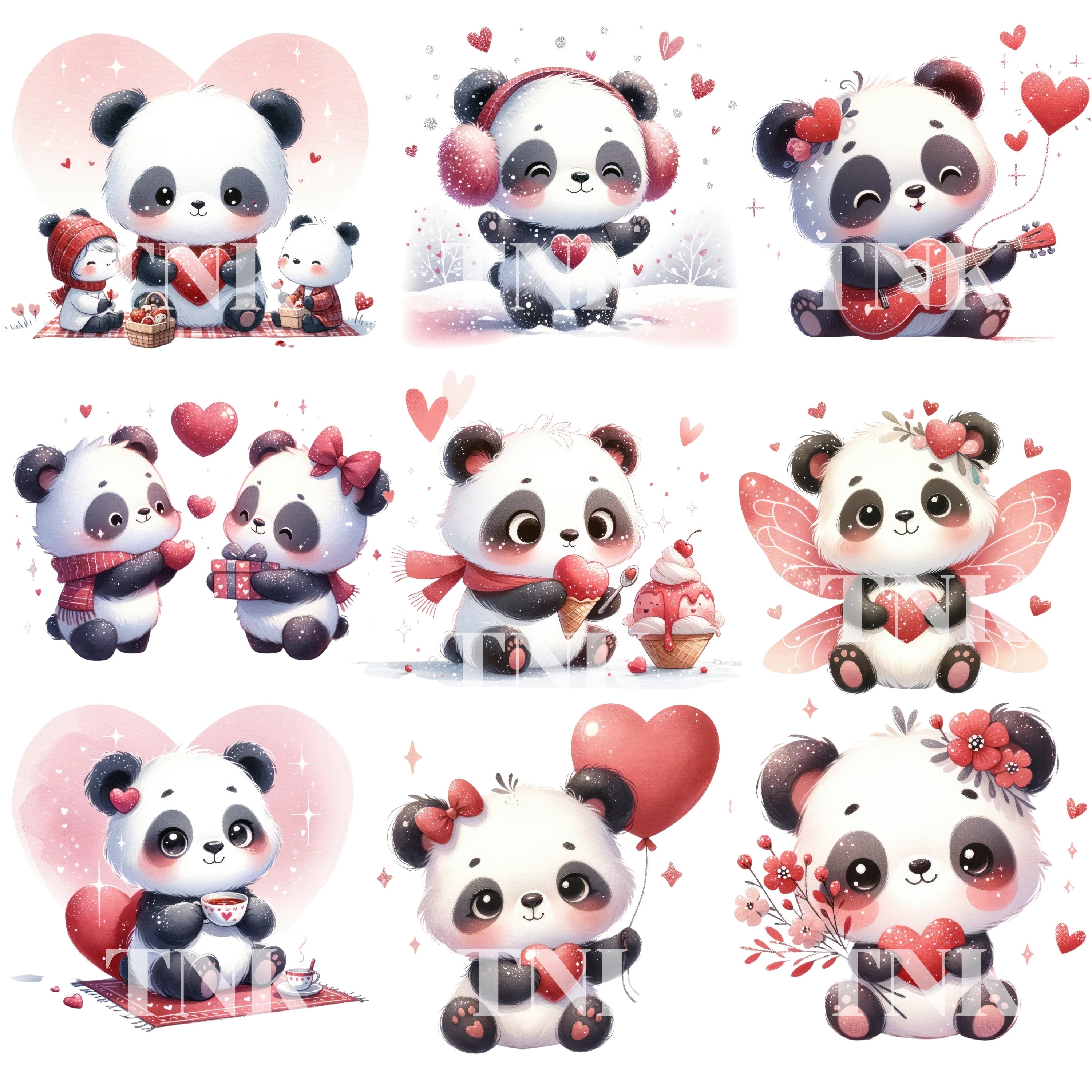 Watercolor Cute Panda Valentine PNG Sublimation Design, Panda Clipart ...