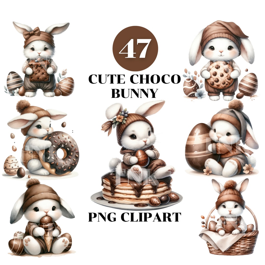 47 Cute Easter Bunny & Chocolate Eggs Clipart - Watercolor Rabbits With ...