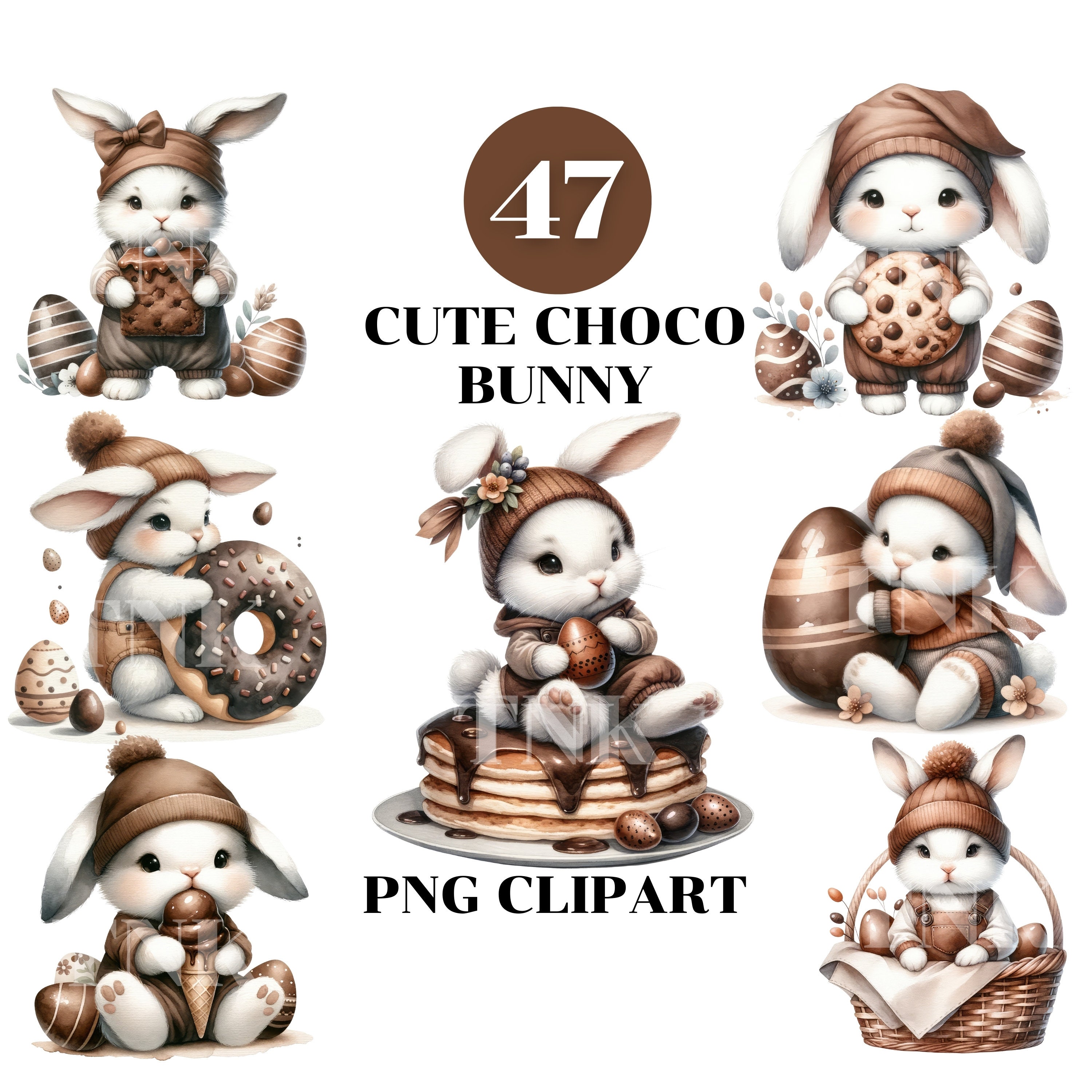 47 Cute Easter Bunny & Chocolate Eggs Clipart - Watercolor Rabbits With ...