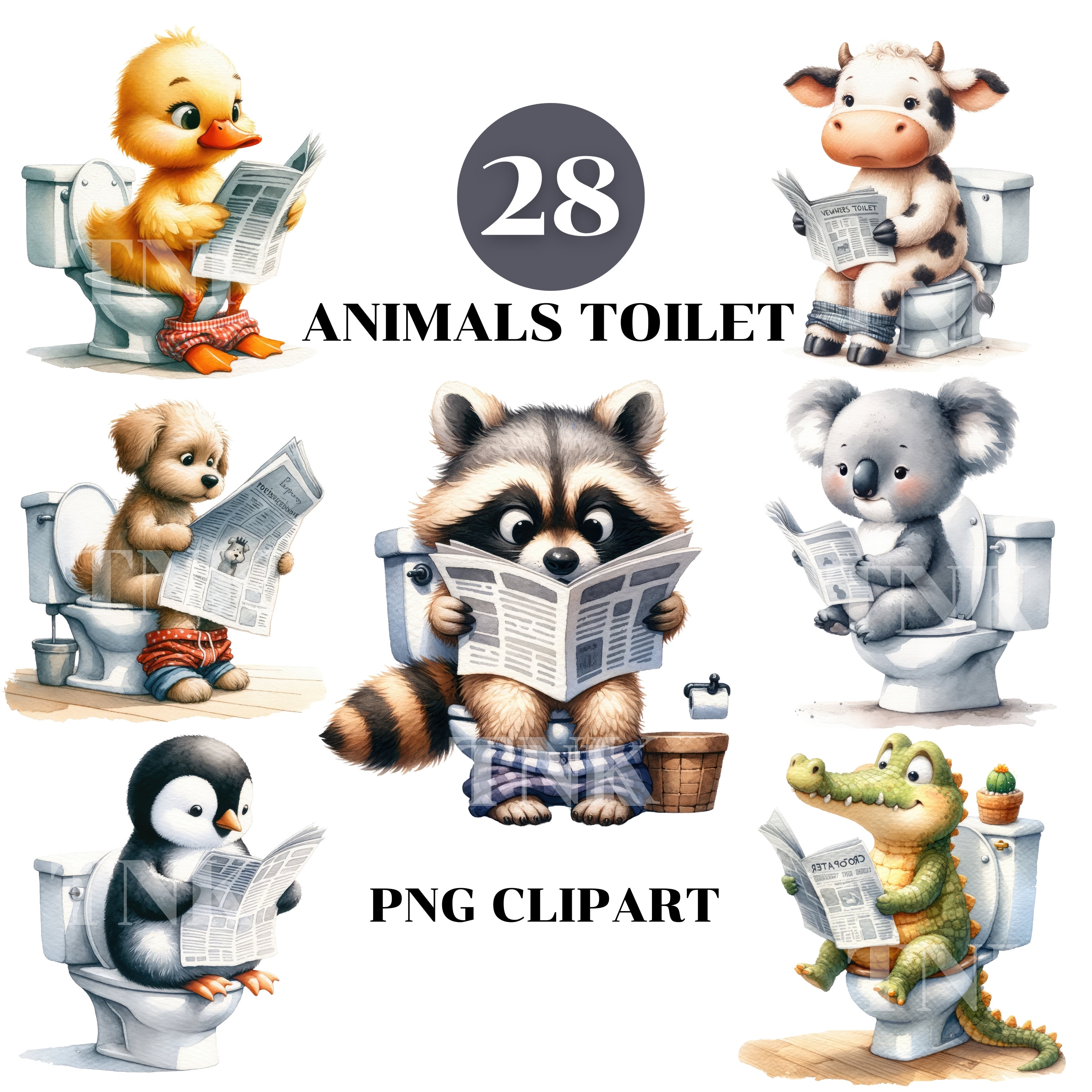 28 Watercolor Cute Animals in the Toilet Clipart Bundle, Nursery Art ...