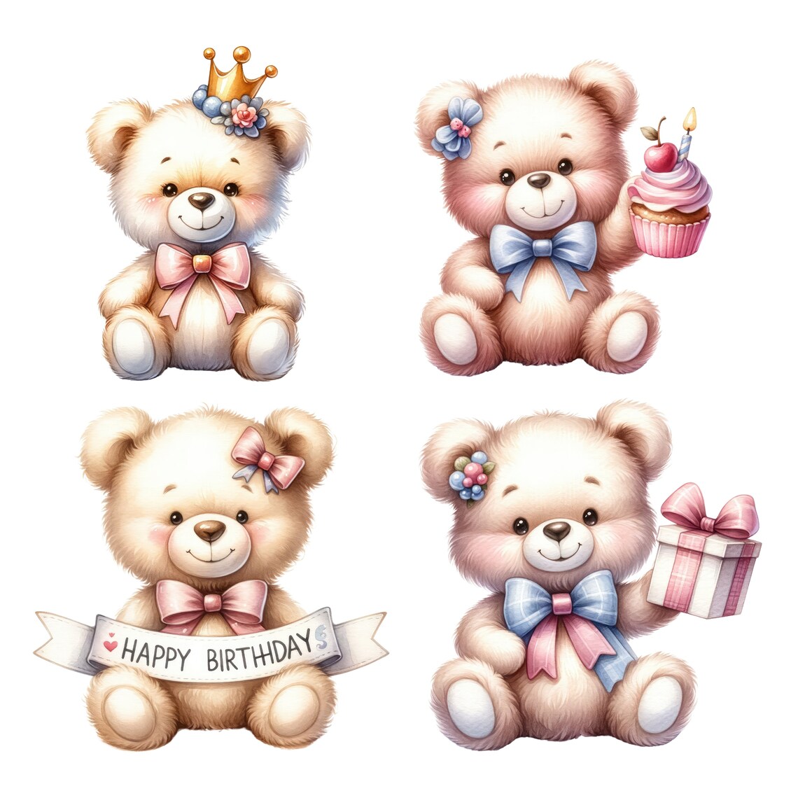 Watercolor Cute Teddy Bear Birthday Clipart Sublimation,bear Clipart ...