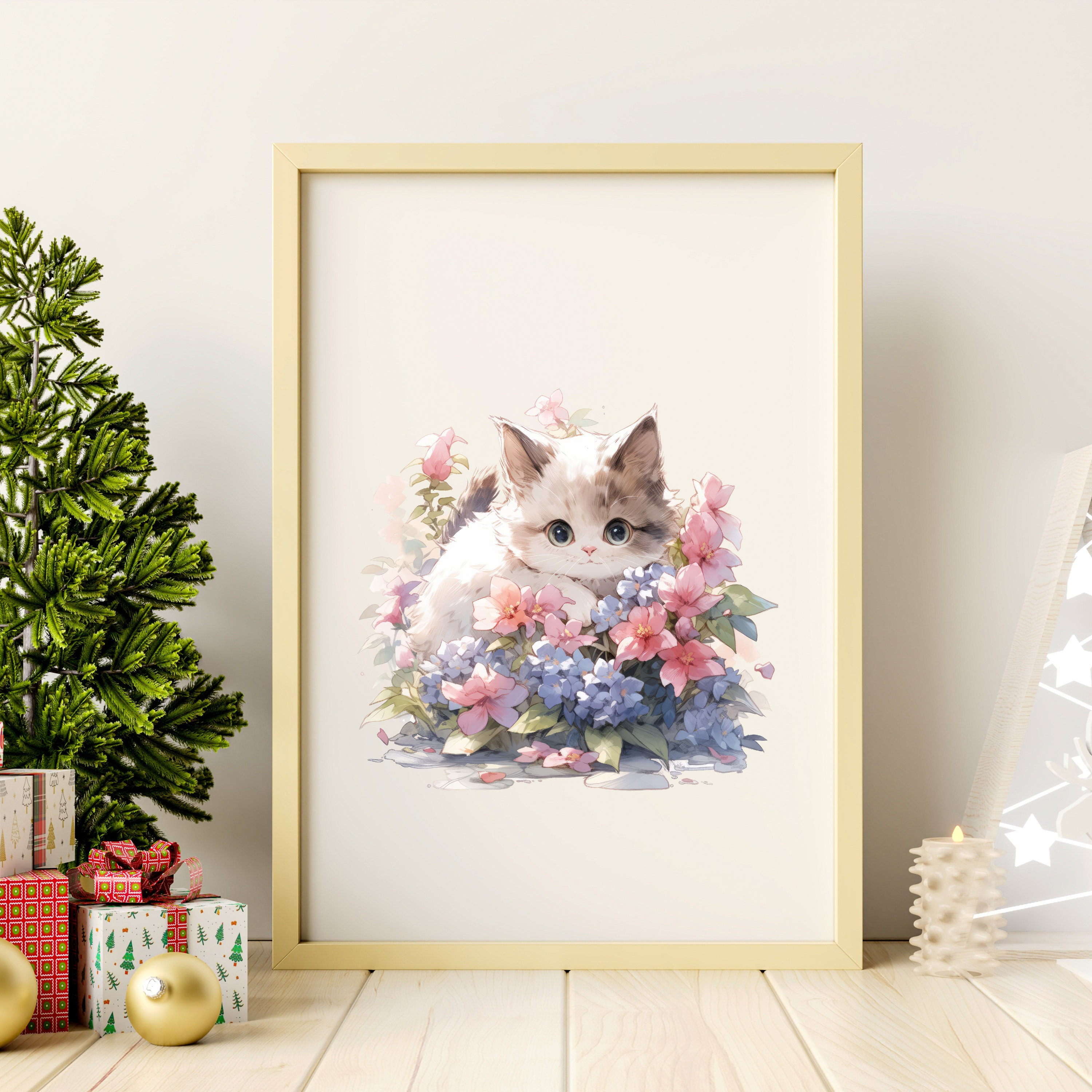 Watercolor Cat Flower Clipart Bundlecute Flowersbeautiful - Etsy