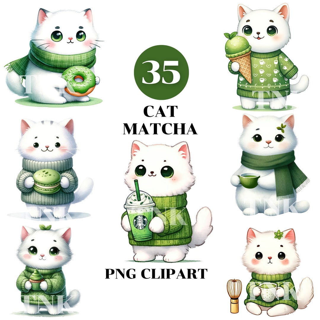Cute Matcha Cat Digital Stickers, Cozy Green Drink Clipart Journaling ...