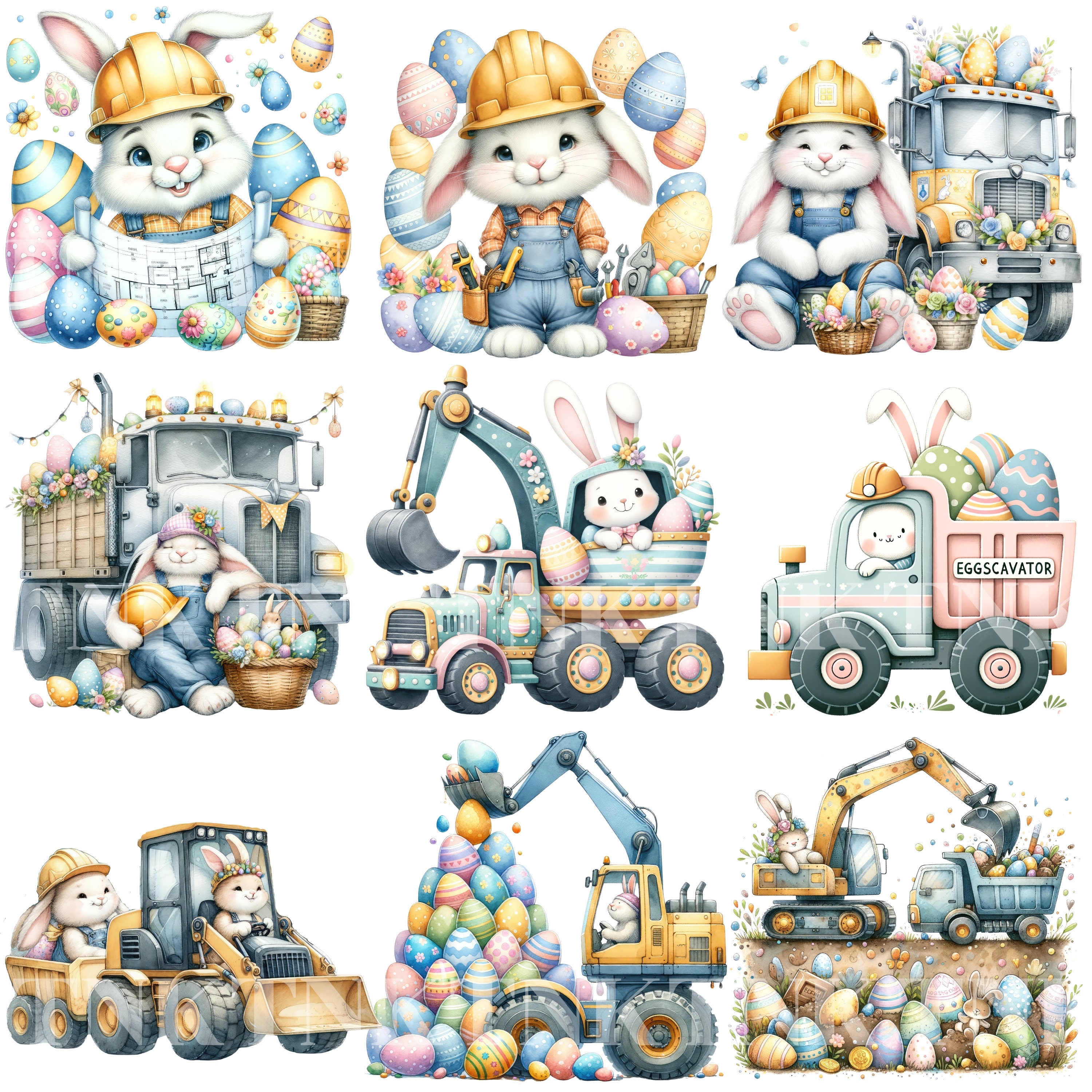 66 Watercolor Easter Construction Truck Eggscavator Graphic, Easter ...