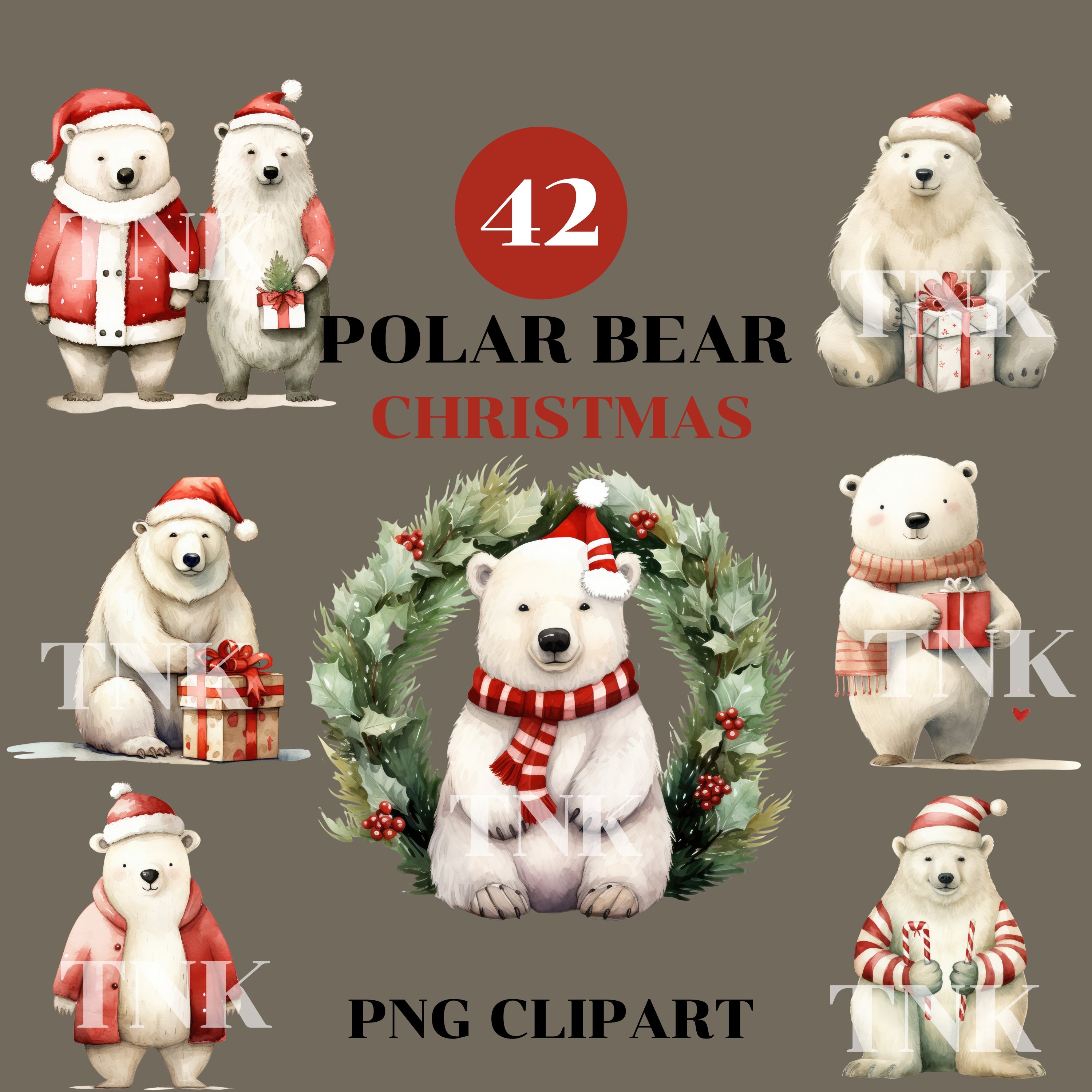 Watercolor Polar Bear Christmas Clipart Bundle,commercial Use,digital ...