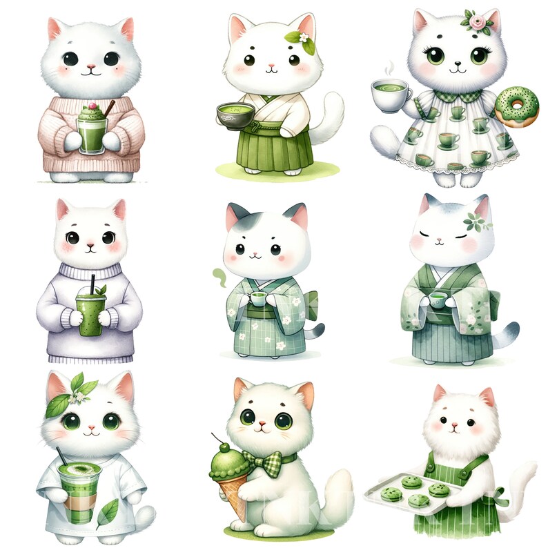 Cute Matcha Cat Digital Stickers, Cozy Green Drink Clipart Journaling ...
