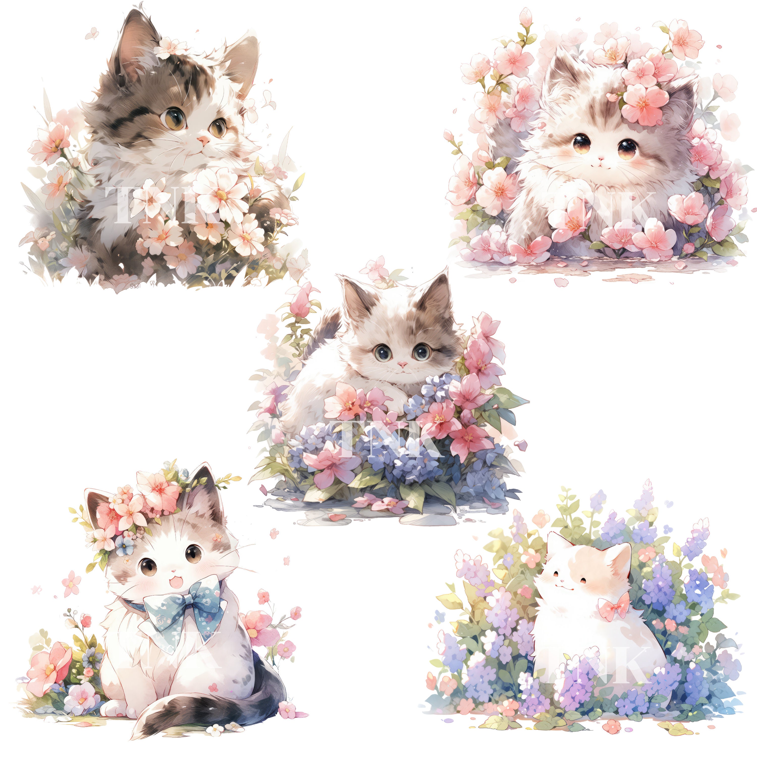 Watercolor Cat Flower Clipart Bundlecute Flowersbeautiful - Etsy
