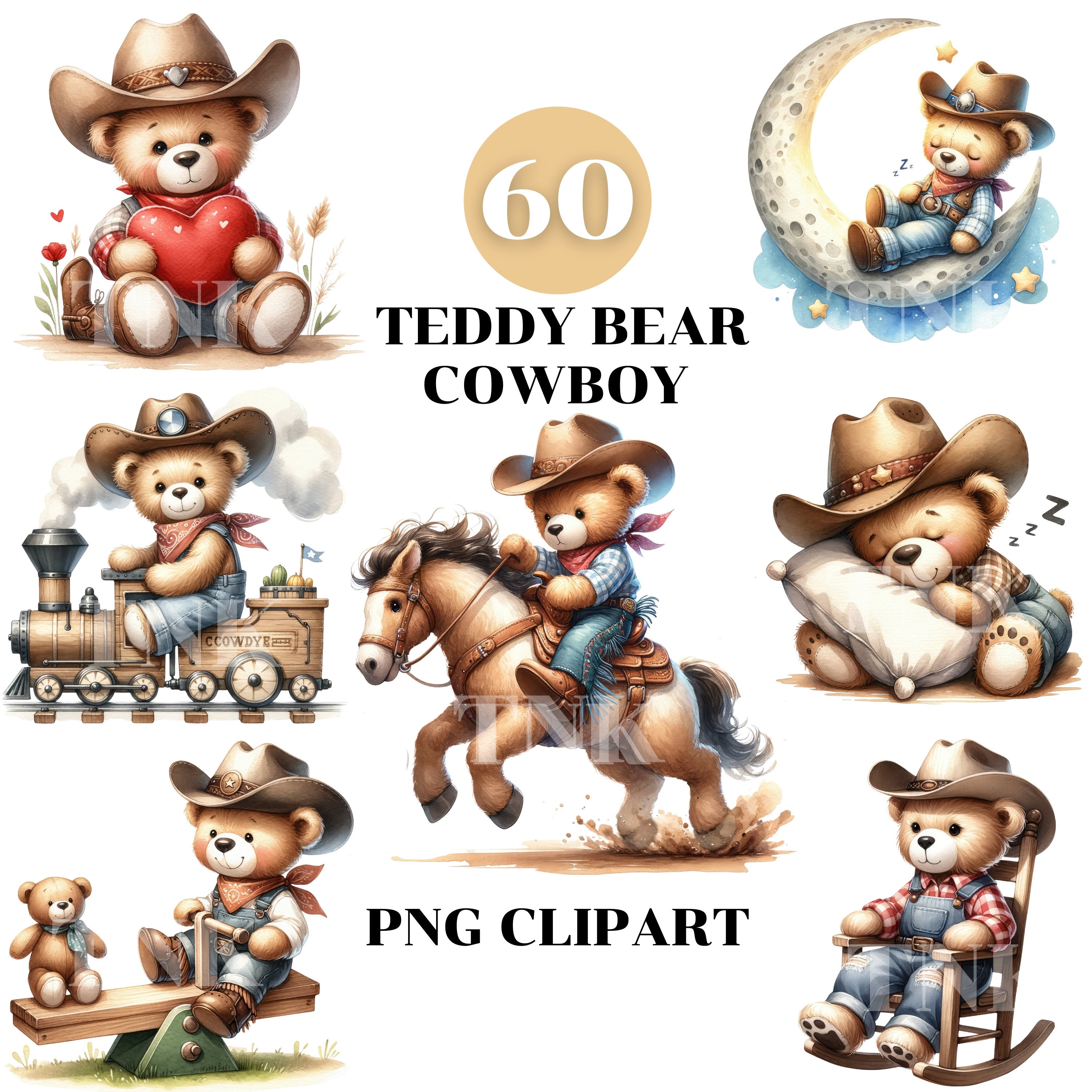 60 Watercolor Cowboy Teddy Bear Clipart Bundle, Teddy Bear Clipart ...
