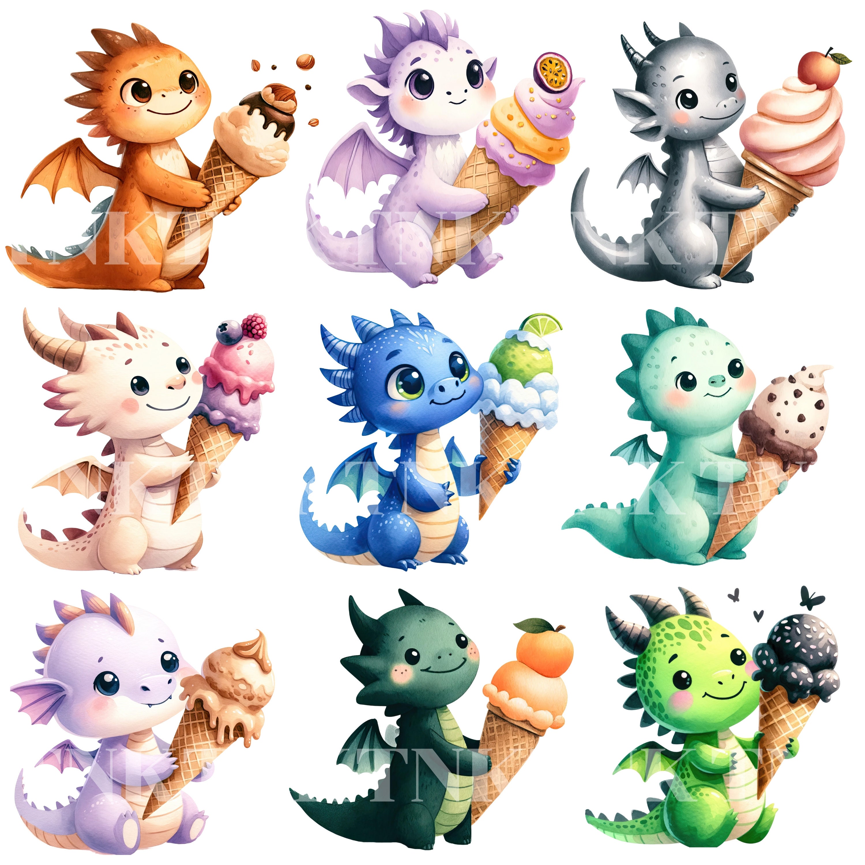Cute Baby Dragon Ice Cream Clipart Bundle, Summer Cottagecore Clipart ...