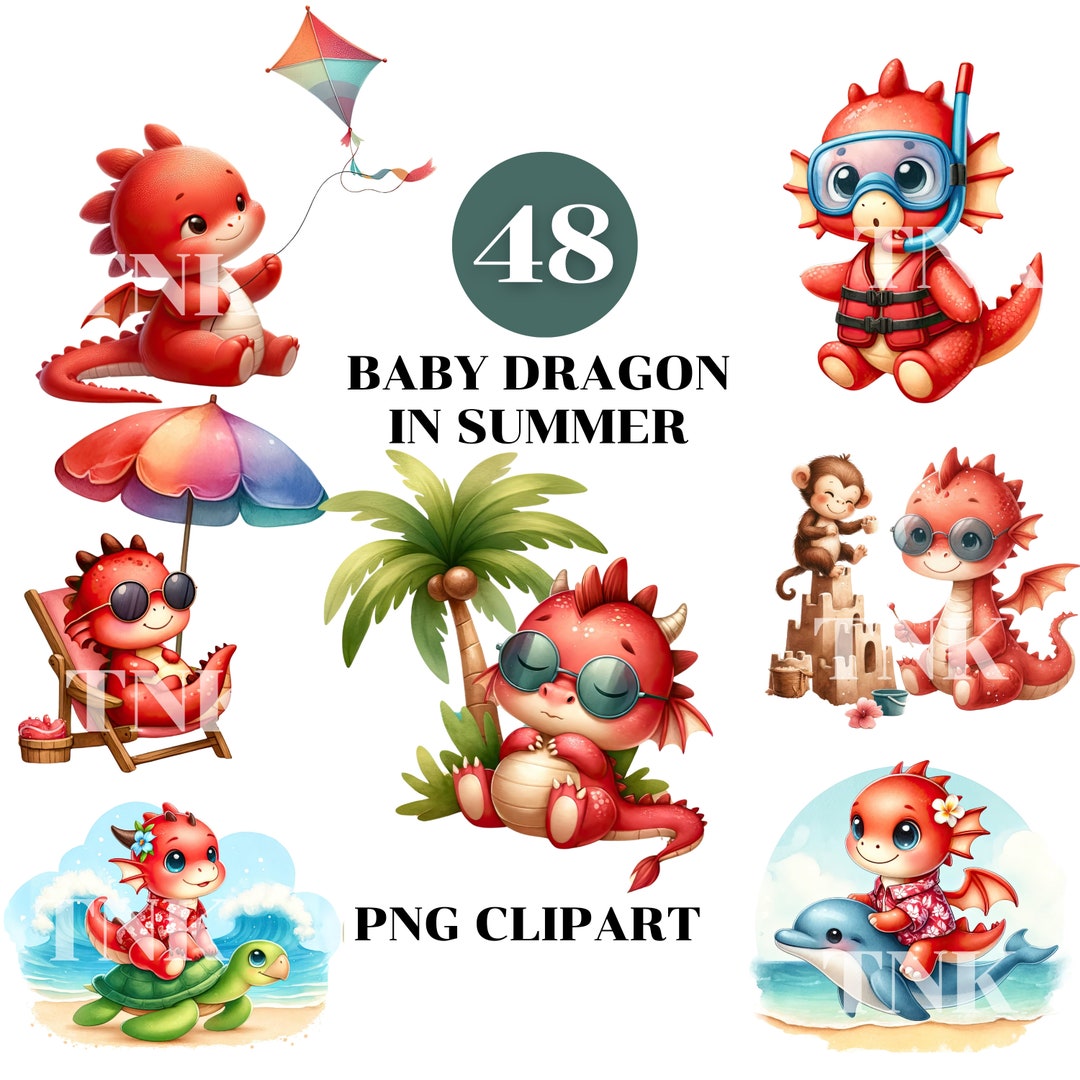 Cute Baby Dragon in Summer Clipart Bundle, Baby Dragon Clipart , Baby ...
