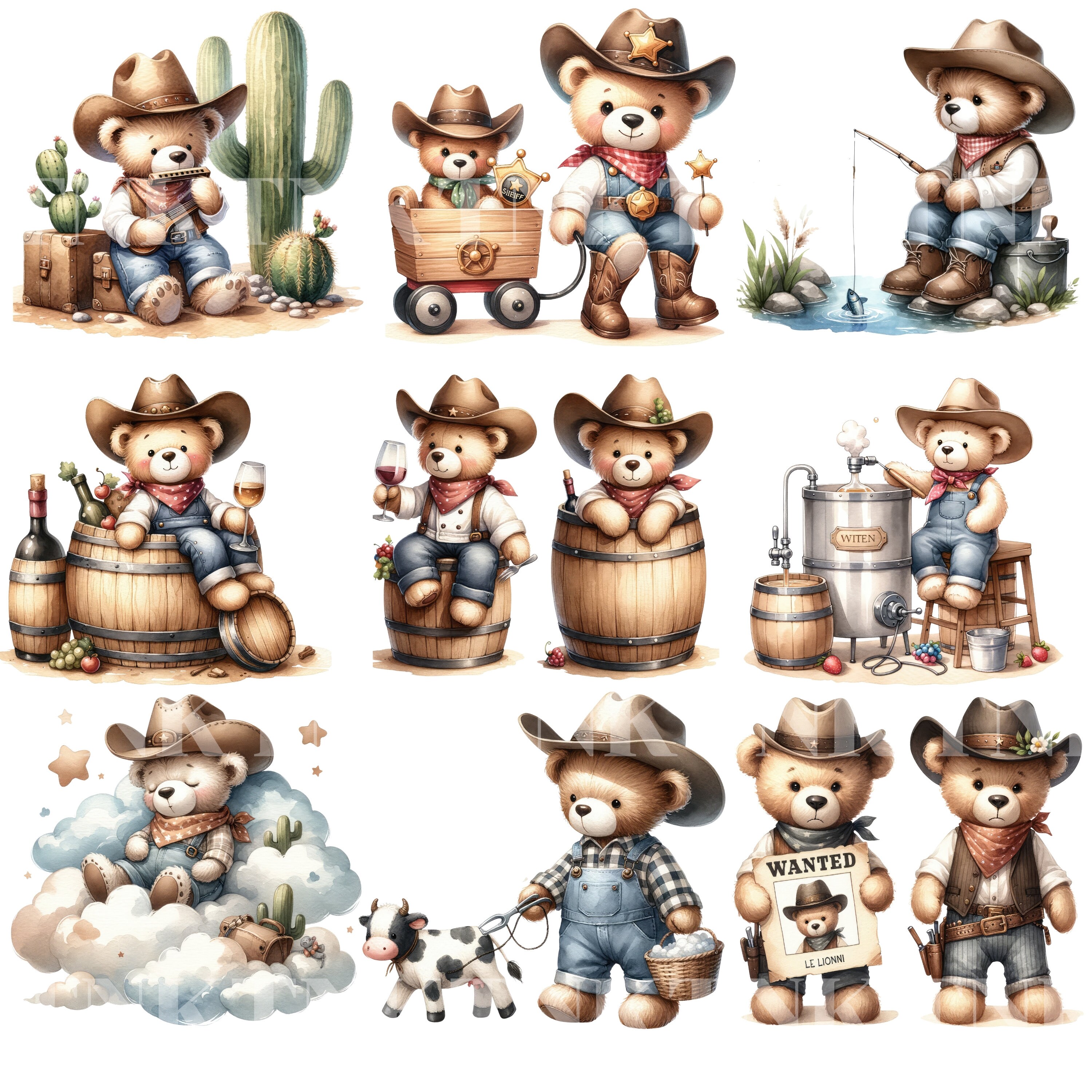 60 Watercolor Cowboy Teddy Bear Clipart Bundle, Teddy Bear Clipart ...