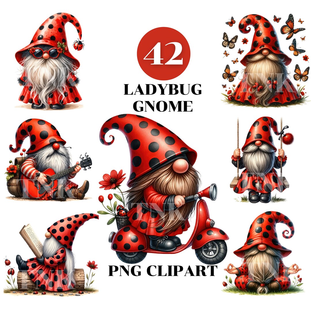 42 Cute Ladybug Gnome Clipart Bundle, Cute Gnome PNG, Watercolor Gnome ...