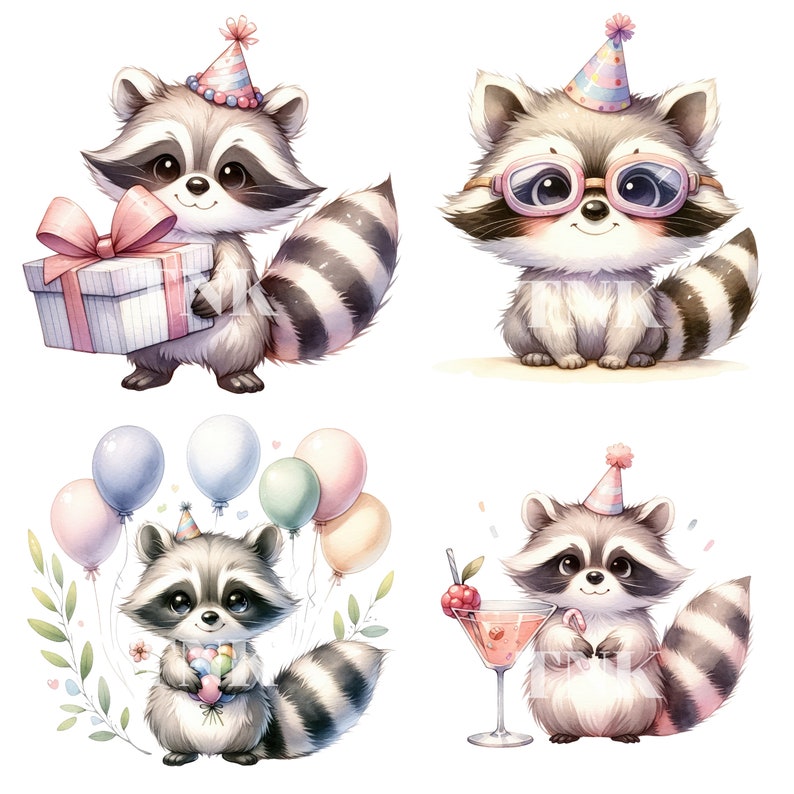 Watercolor Cute Raccoon Birthday Clipart Sublimation,baby Raccoon ...
