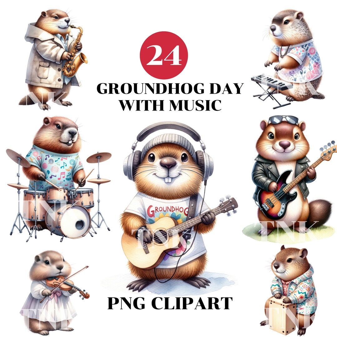 Watercolor Groundhog Day With Music Clipart, Happy Groundhog, Marmot ...