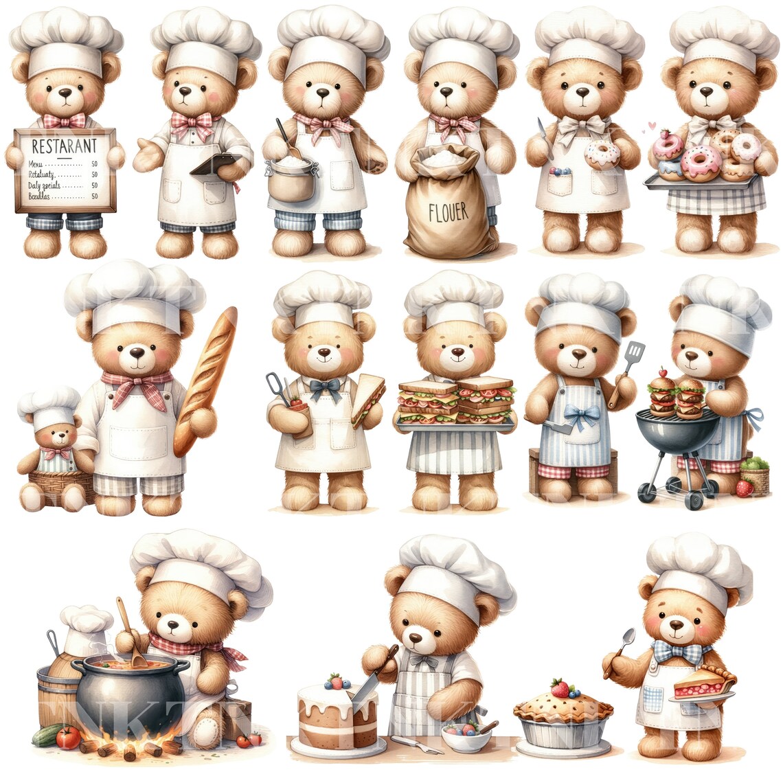 68 Chef Teddy Bear Watercolor Clipart, Nursery Clipart, Card Making ...