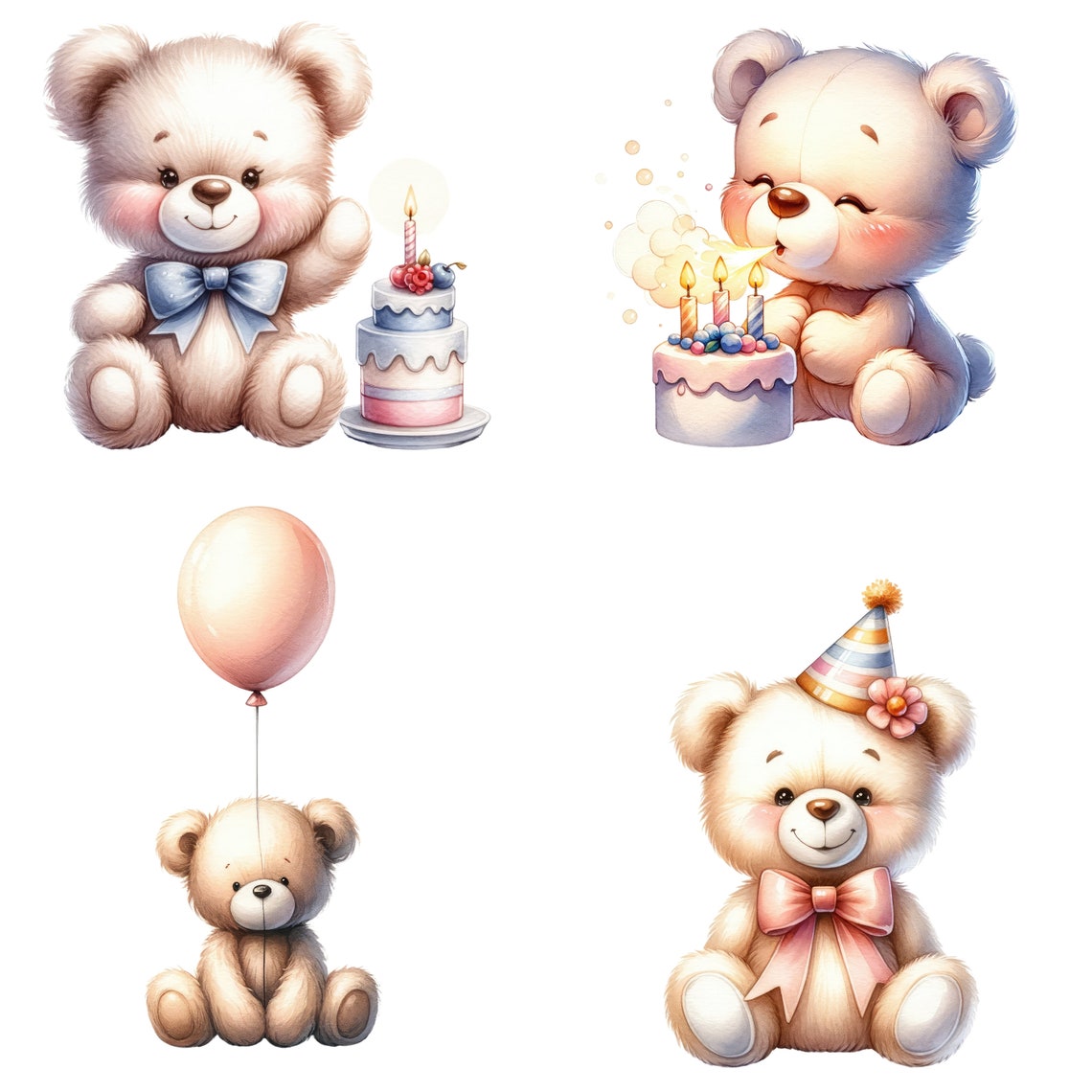 Watercolor Cute Teddy Bear Birthday Clipart Sublimation,bear Clipart ...