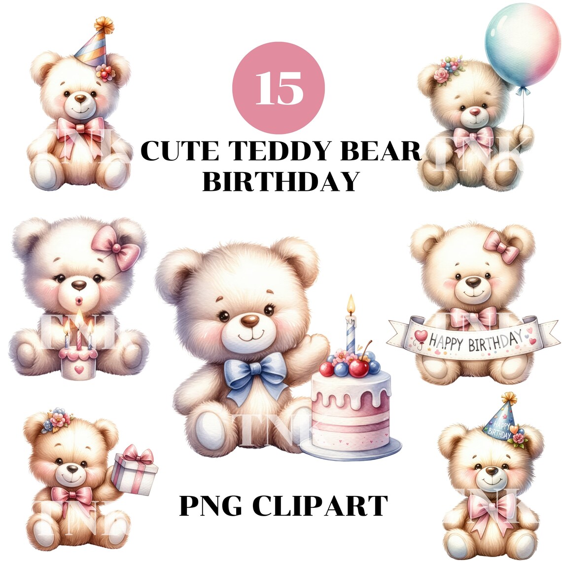 Watercolor Cute Teddy Bear Birthday Clipart Sublimation,bear Clipart ...